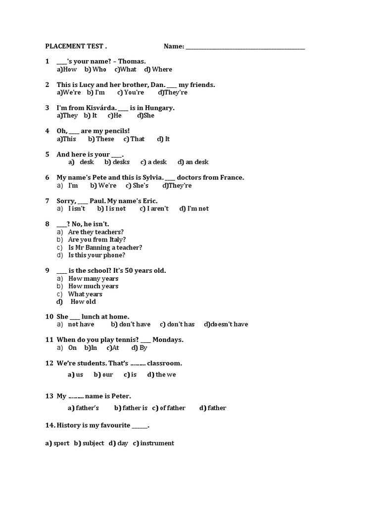 Placement-Test-Tests - Kids A2 | PDF