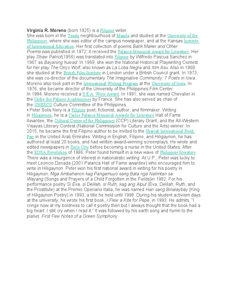 Poems Was Published in 1972 It Received The: Virginia R. Moreno (Born ...