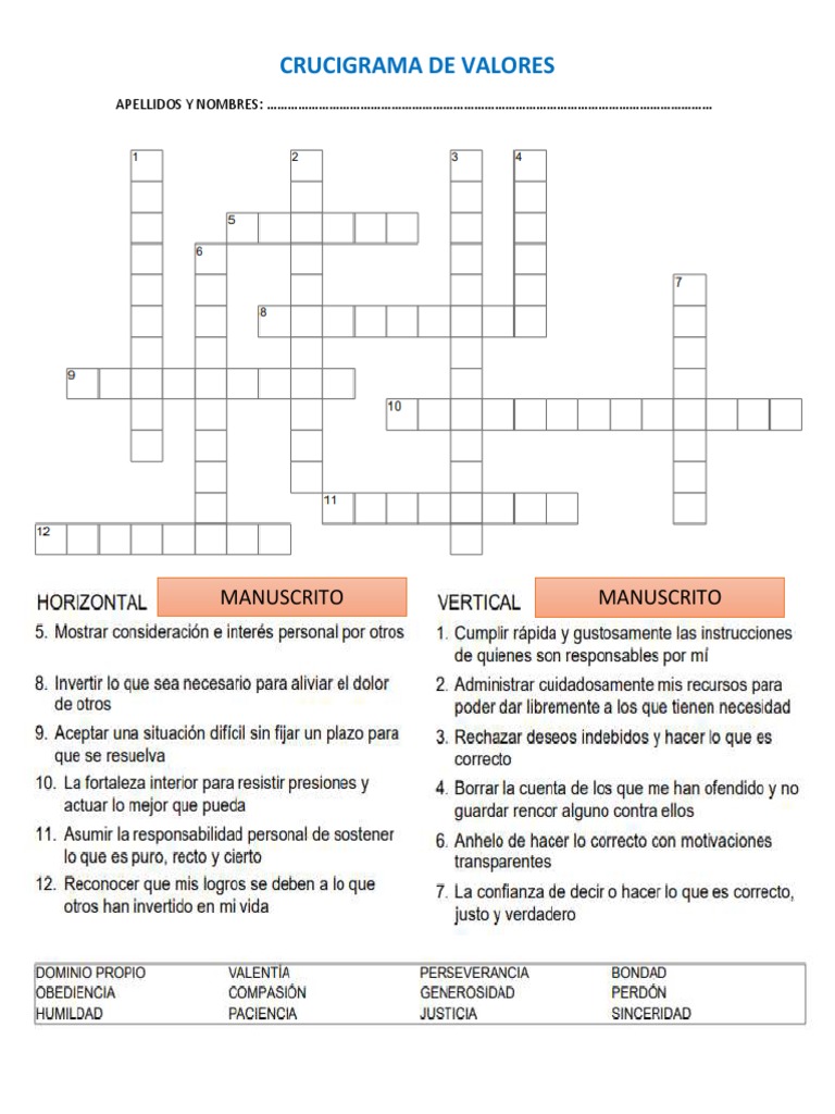 Crucigrama de Valores | PDF