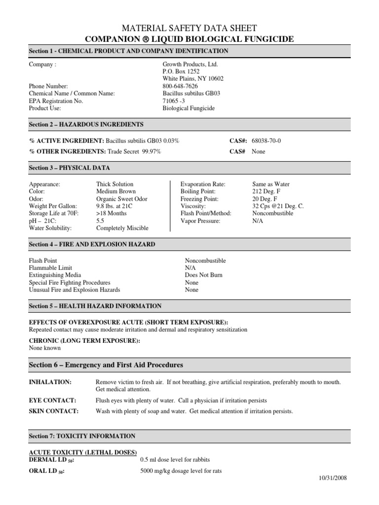Companion: Material Safety Data Sheet ® Liquid Biological Fungicide ...