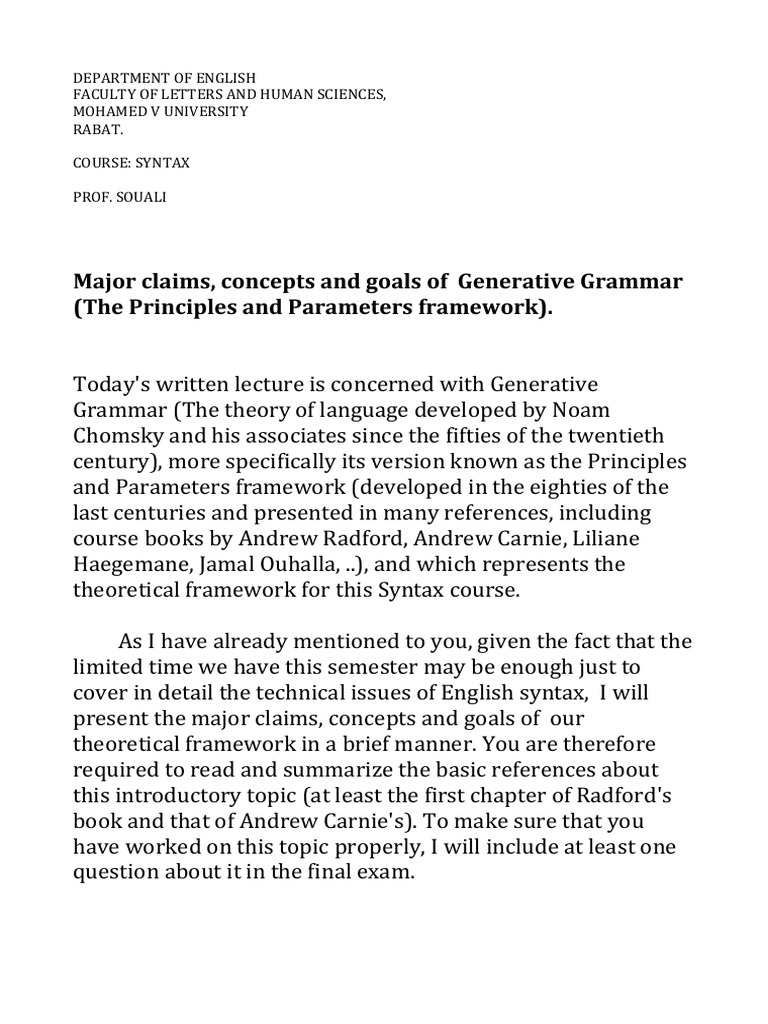 Syntax, Goals of Generative Grammar, 2021-22 | PDF | Syntax | Linguistics