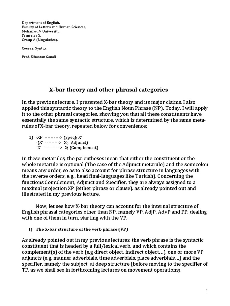 X-Bar Theory and Other Phrases | PDF | Phrase | Syntax