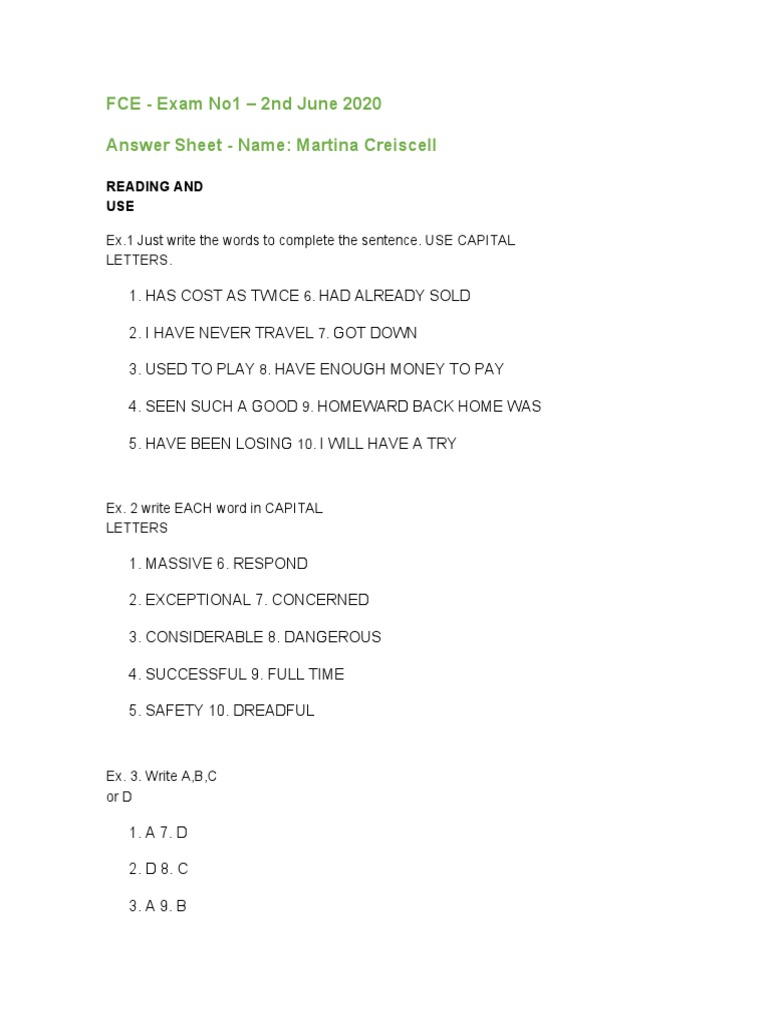 Fce Answer Sheet | PDF