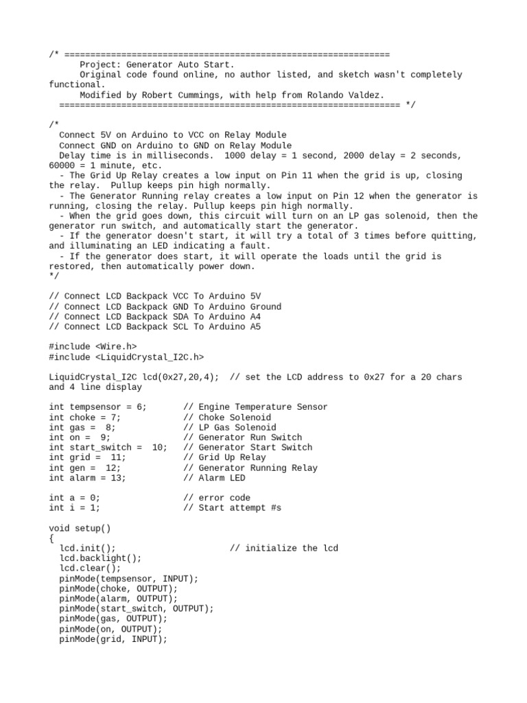 Generator Auto Start Mod Rolando Mod 8 Choke | PDF | Relay | Arduino