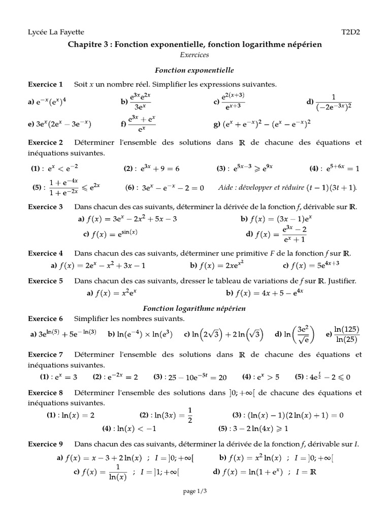 Exercices sur logarithmes et exponentielles | PDF | Chimie | Sciences physiques