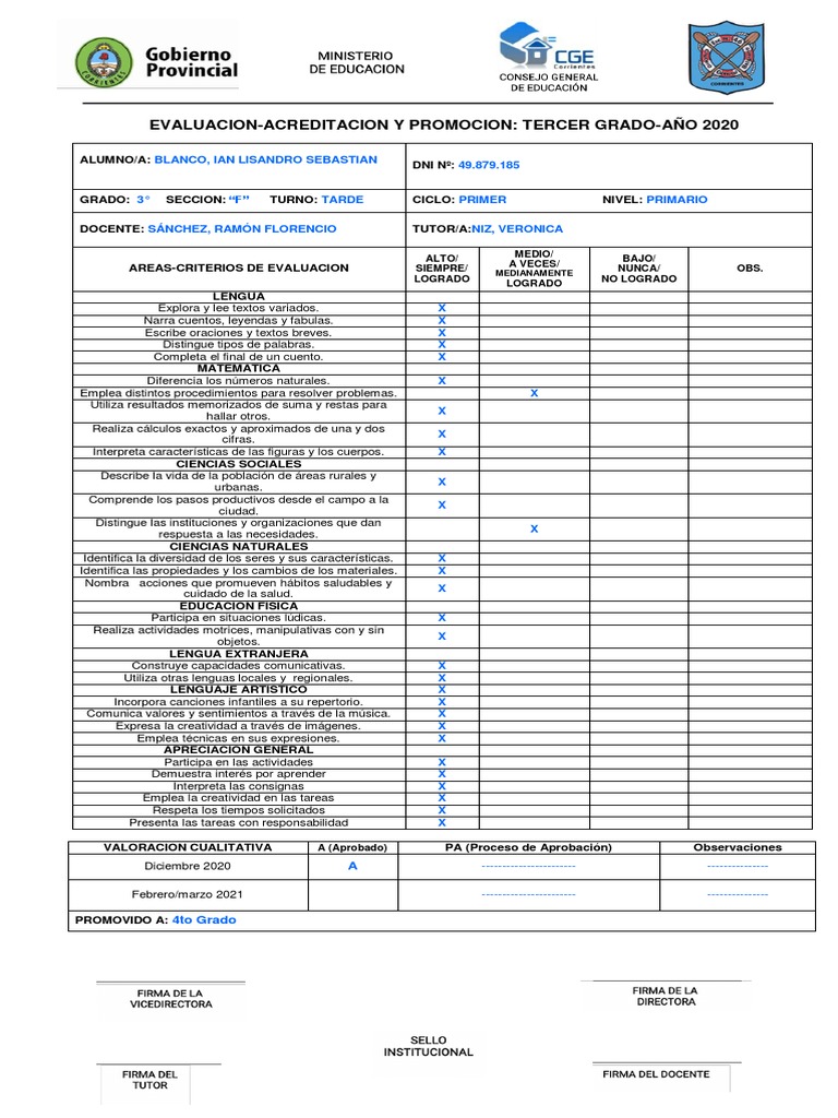 Evaluación de Ian Blanco - 3° Grado 2020 | PDF | Creatividad | Aprendizaje