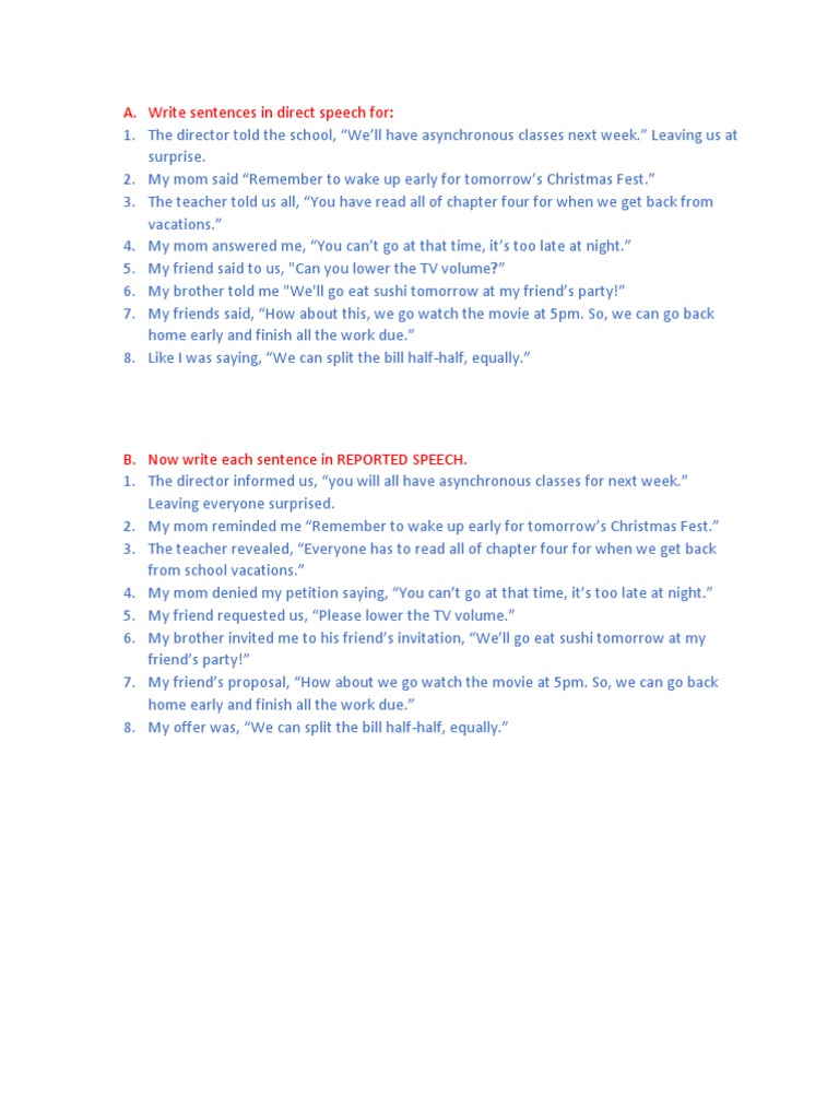 A. Write Sentences in Direct Speech For | PDF