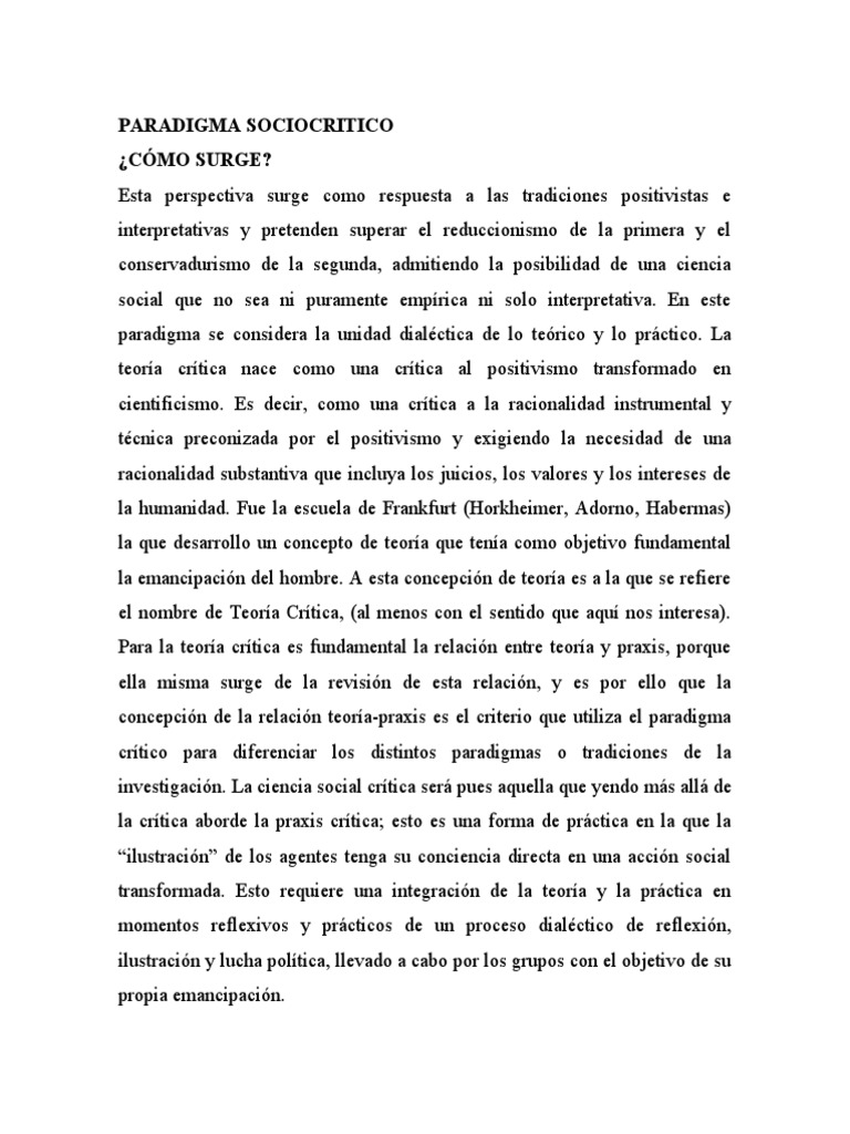 Paradigma Sociocritico | PDF | La teoría crítica | Escuela de Frankfurt