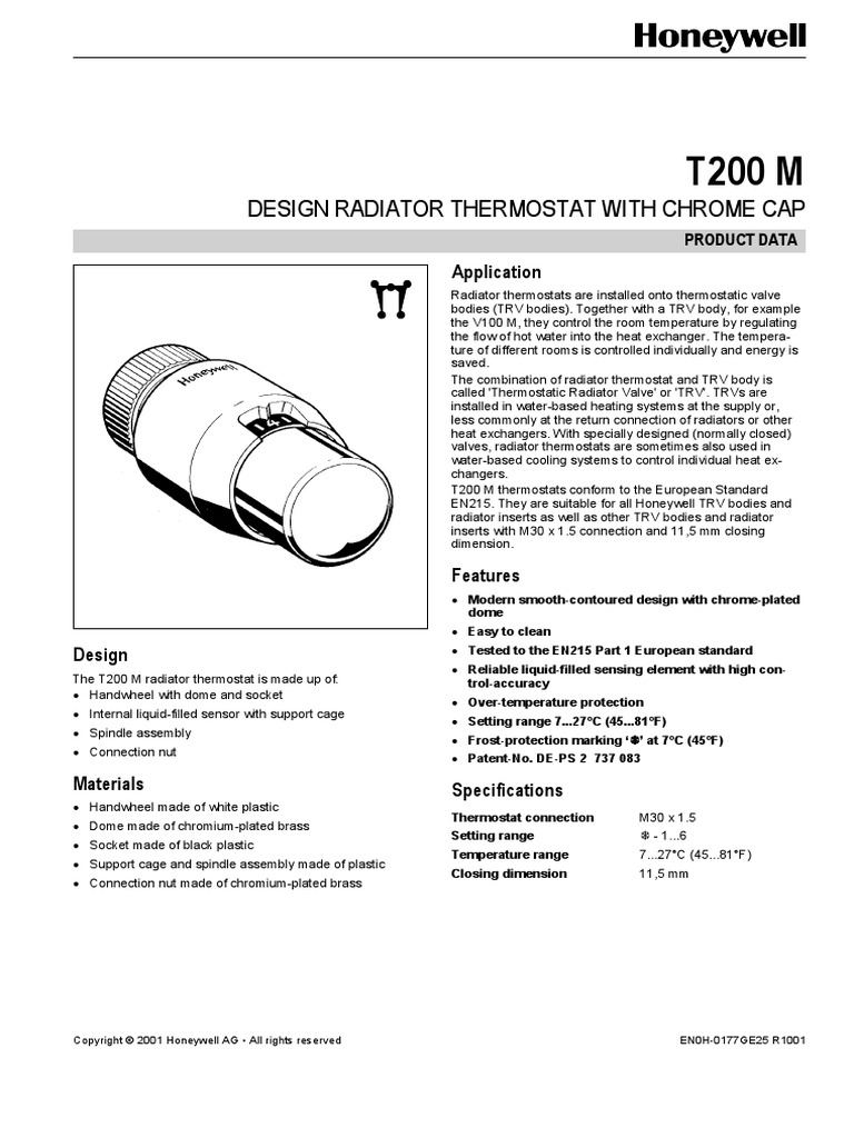 Honeywell T200 M Sensor Datasheet | PDF | Thermostat | Radiator