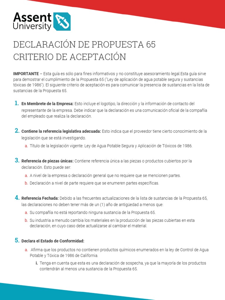 Prop 65 - Acceptance Criteria - Spanish | PDF | Agua | Toxicidad