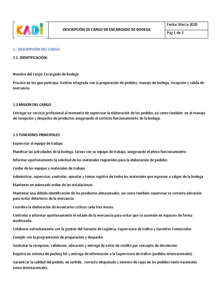 Descripciòn de Cargo Encargado de Bodega | PDF | Logística | Business