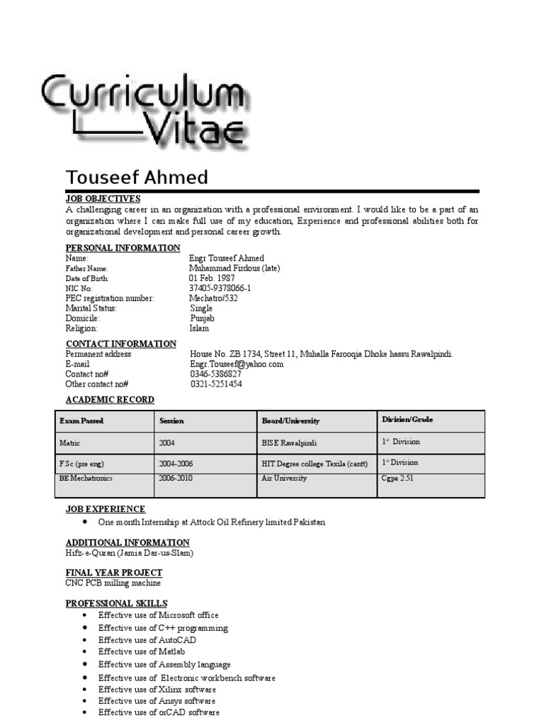 Touseef CV | PDF | Computing And Information Technology