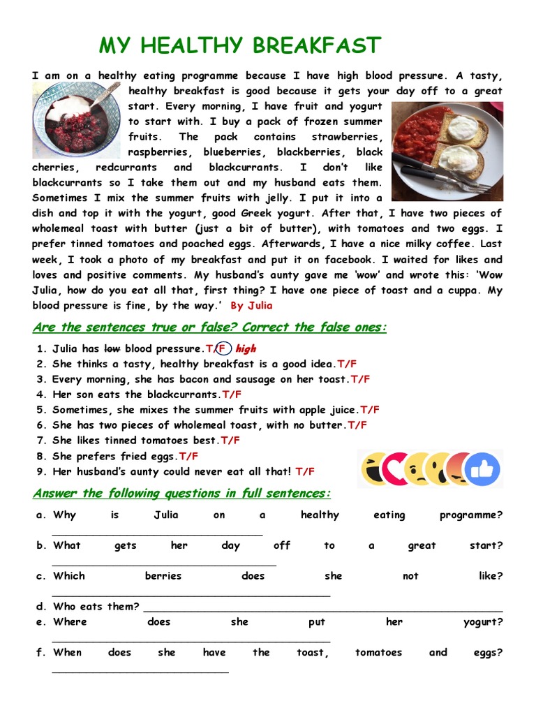 My Healthy Breakfast: Are The Sentences True or False? Correct The ...