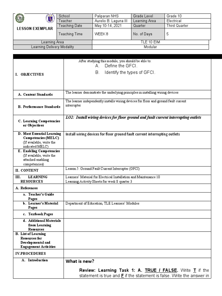 GFCI Installation Lesson Plan for Grade 10 | PDF | Switch | Electric ...