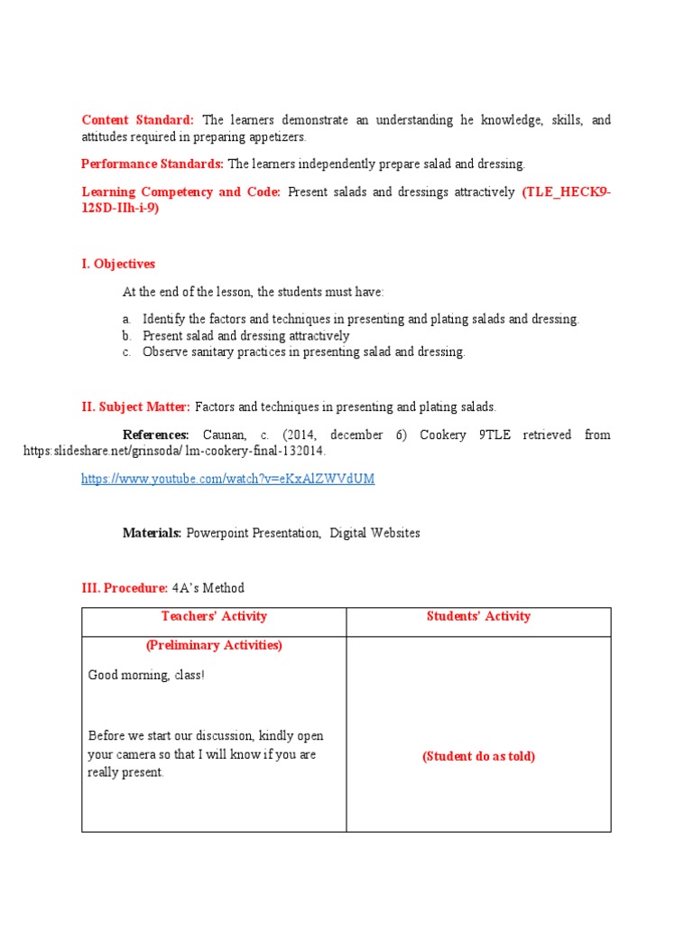 Content Standard: Performance Standards: Learning Competency and Code: (Tle - Heck9-12Sd-Iih-I-9 ...