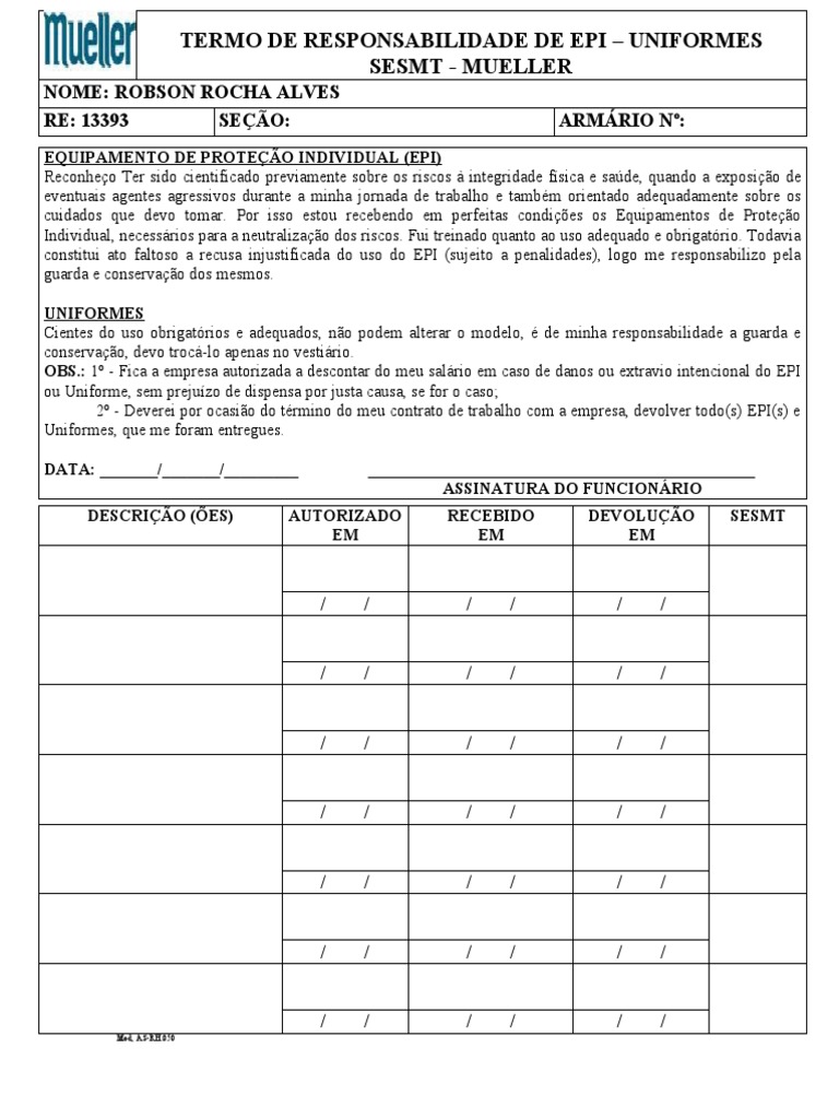 Termo de Responsabilidade de Epi | PDF