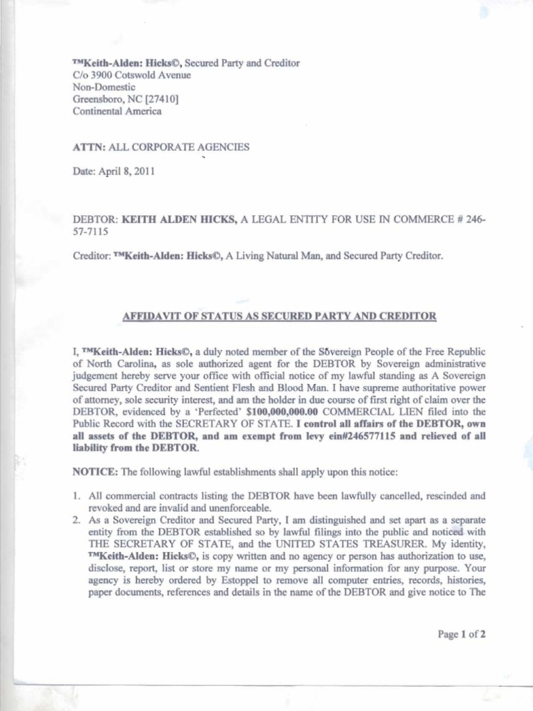 Affidavit of Secured Party Creditor | PDF | Business Law | Government ...