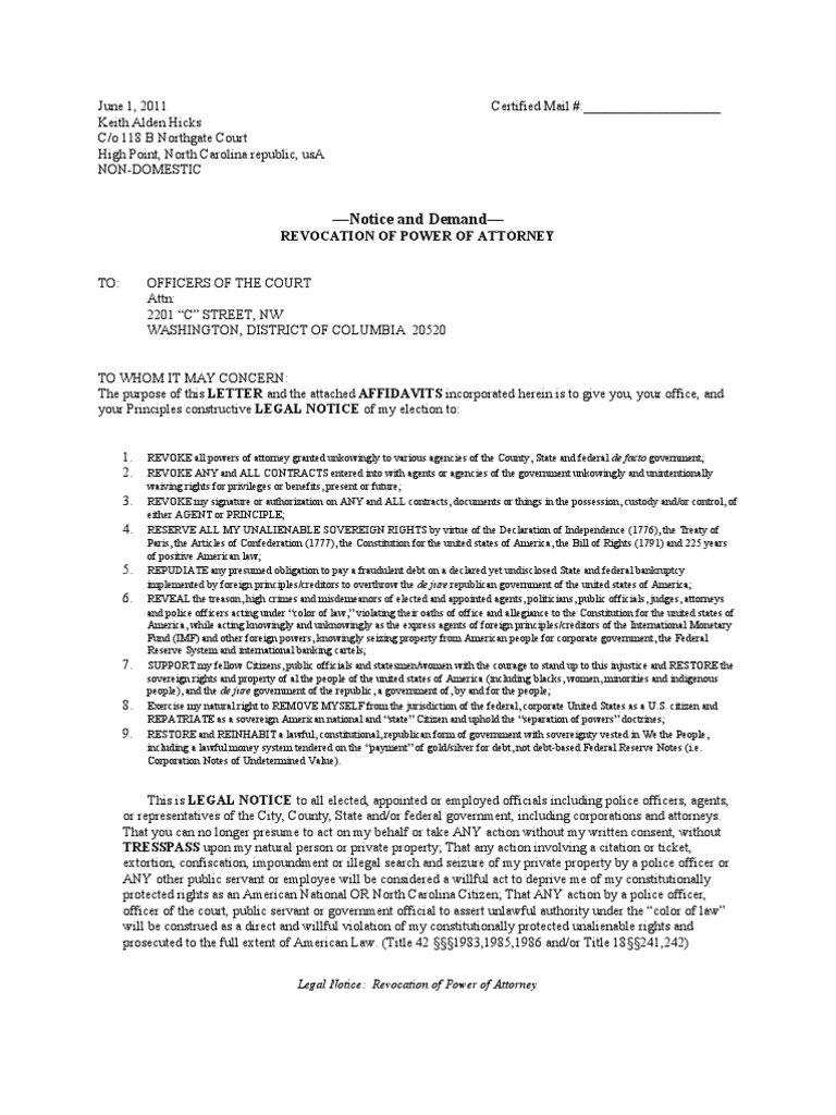 Legal Notice Revocation of Power of Attorney | PDF | Federal Government ...