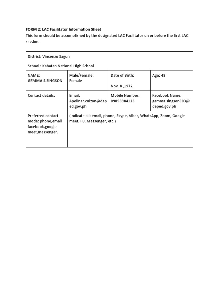 Form 2. LAC Facilitator Information Sheet 1 | PDF