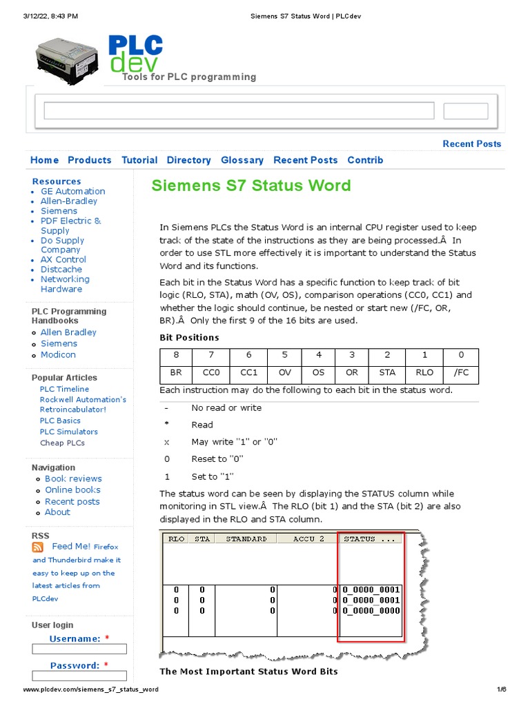 Siemens S7 Status Word Plcdev Pdf Programmable Logic Controller Computer Programming