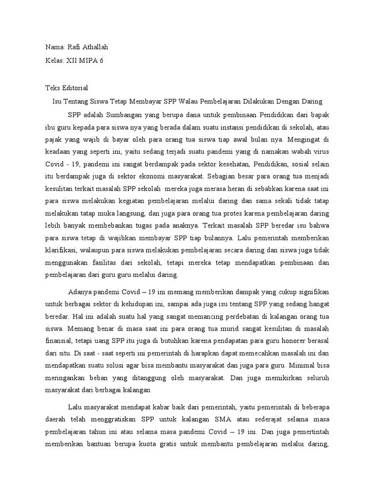 Rafi Athallah XII MIPA 6 Teks Editorial Dan Cerita Pengalaman Pribadi | PDF