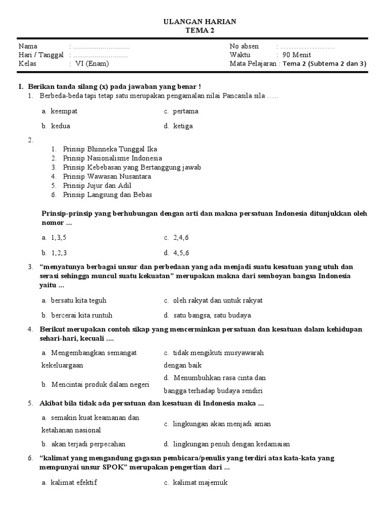 Soal Uts Tematik Kelas 6 Tema 2.2 Dan 2.3 | PDF