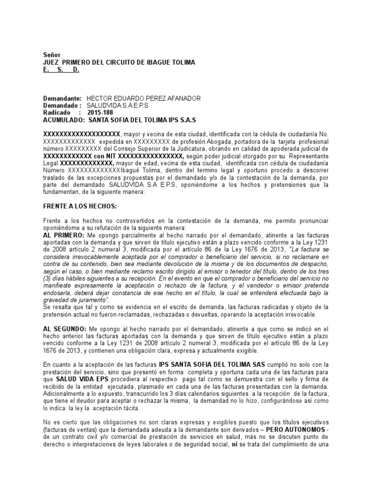 Descorrer Excepciones Sta Sofia | PDF | Demanda judicial | Pagos