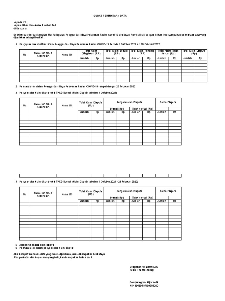 Permintaan Data Klaim COVID-19 Bali | PDF