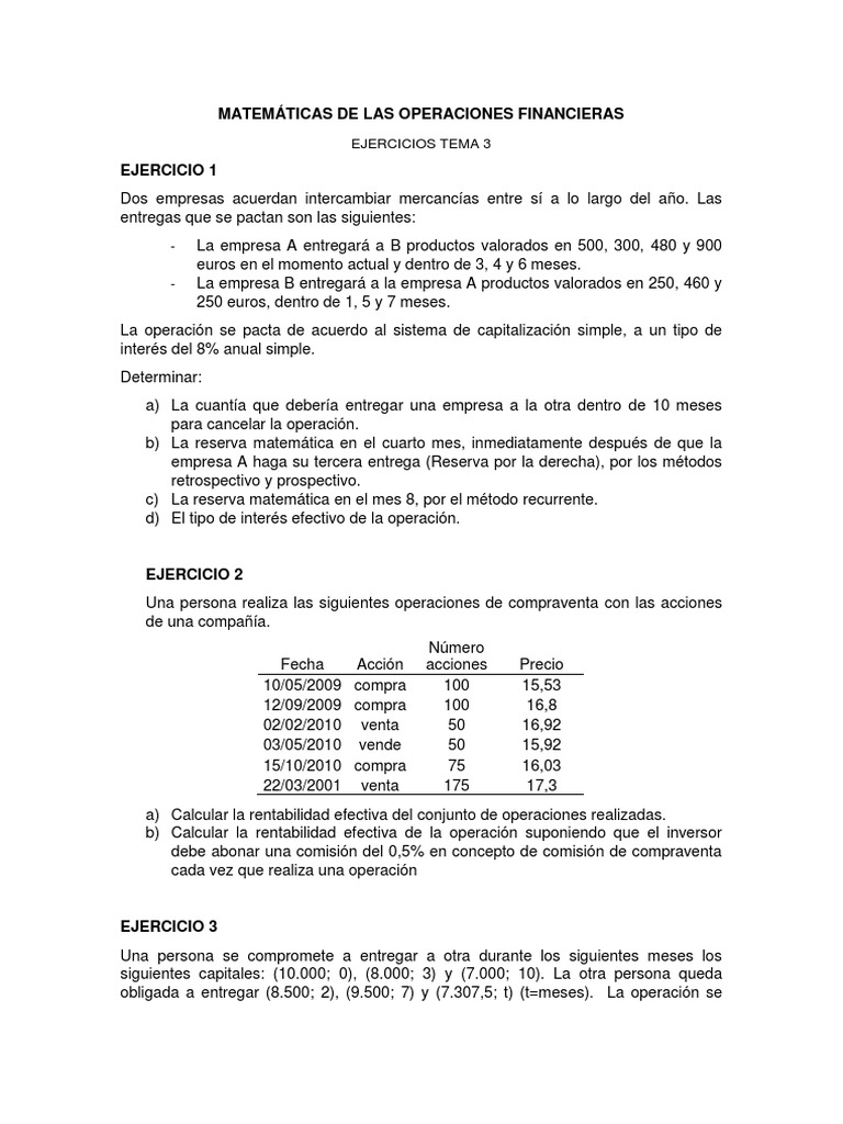 Ejercicios Tema 3. Operaciones Financieras | PDF | Dinero | Economias