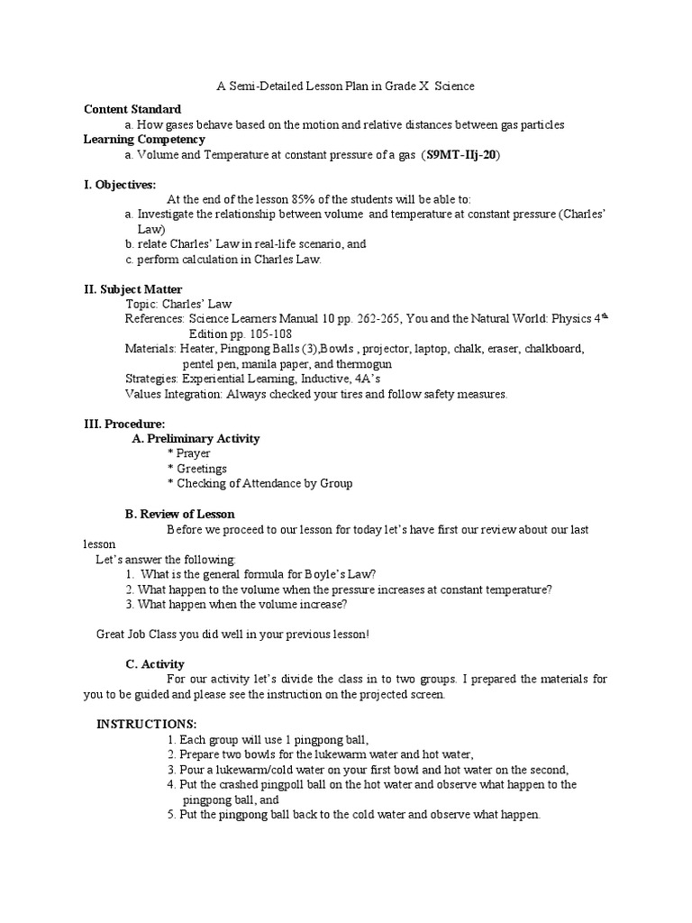 A Detailed Lesson Plan in Grade IX Science | PDF | Gases | Temperature