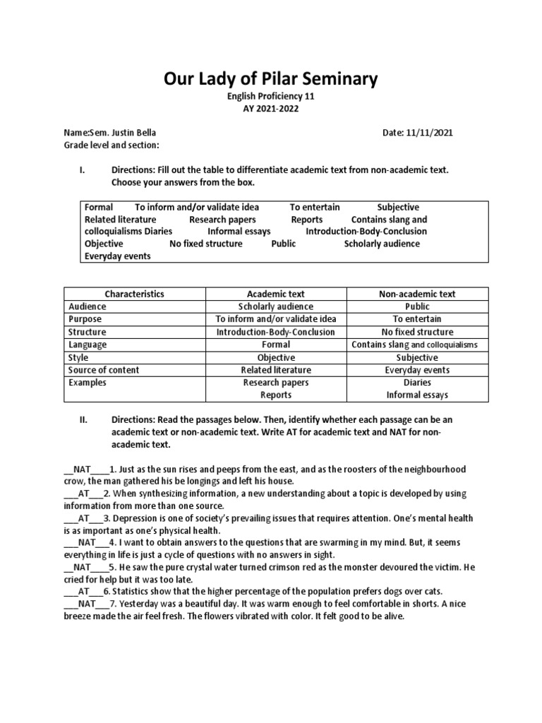Eng Prof 11 Academic Text Lesson 1 (WS1) | PDF | Essays | Cognitive Science