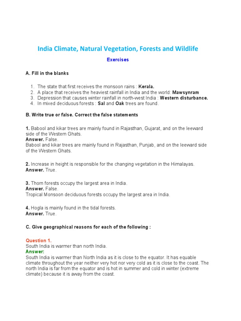 ICSE Geo Graphy Voyage Solutions Class 8 Chapter 10 India Climate Natural Vegetation Forests and ...