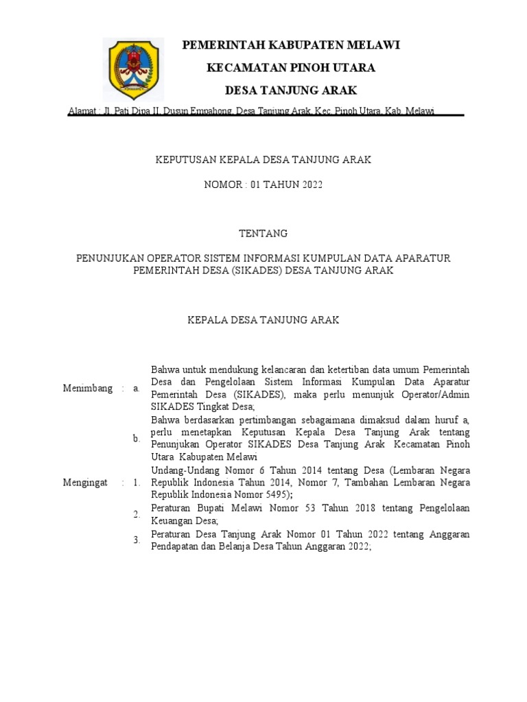 Contoh SK Penunjukan Operator Desa | PDF