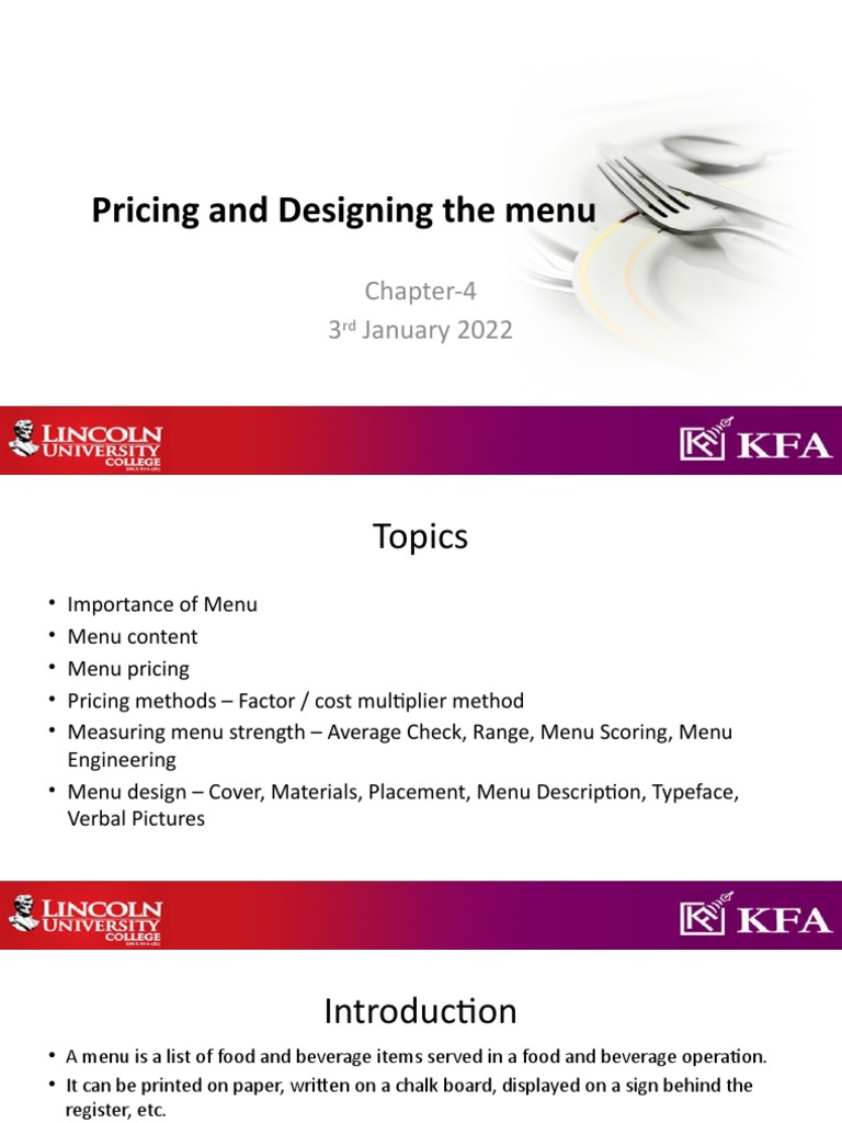 Chapter 4 - Pricing and Designing The Menu | Download Free PDF | Menu | Restaurants