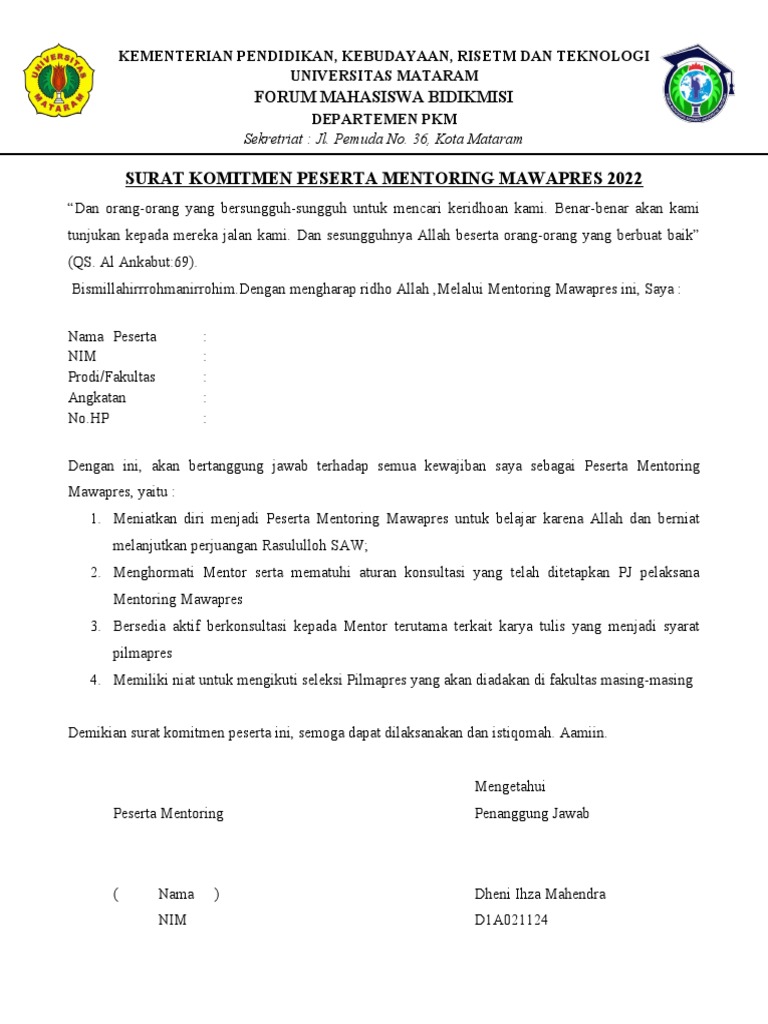 Surat Komitmen Peserta Mentoring Mawapres 2022 | PDF