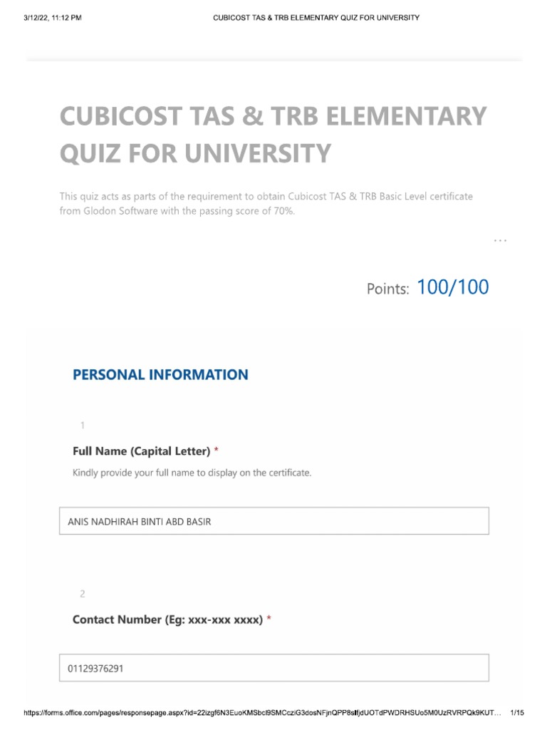 Cubicost Tas & TRB Elementary Quiz For University (Anis Nadhirah Binti ...