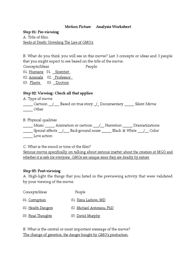 Motion Picture Analysis Worksheet Step 01: Pre-Viewing | PDF ...