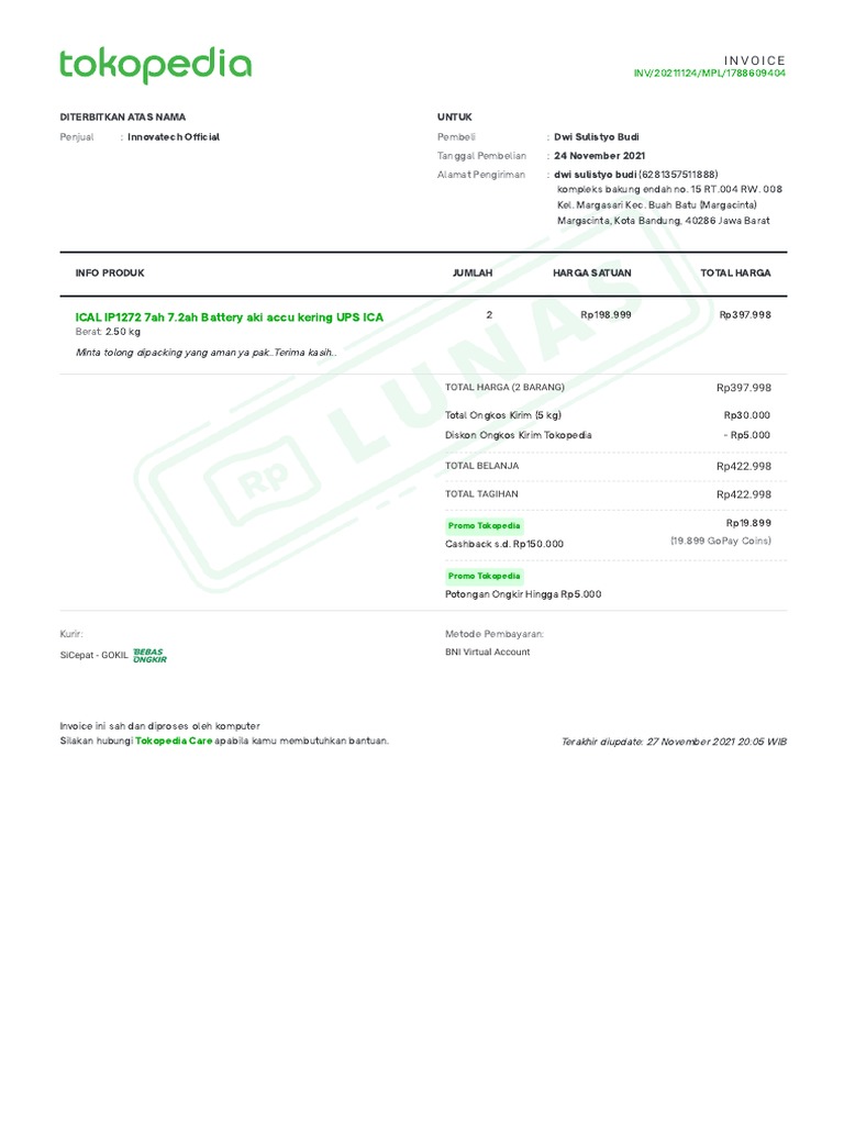 Invoice ICAL Battery | PDF