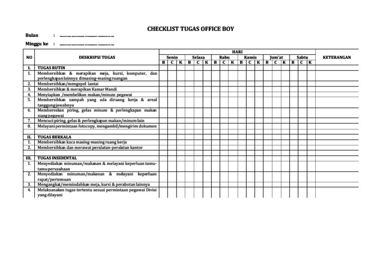 Checklist Tugas Office Boy Checklist Tugas Office Boy: Jum'at Jum'at | PDF