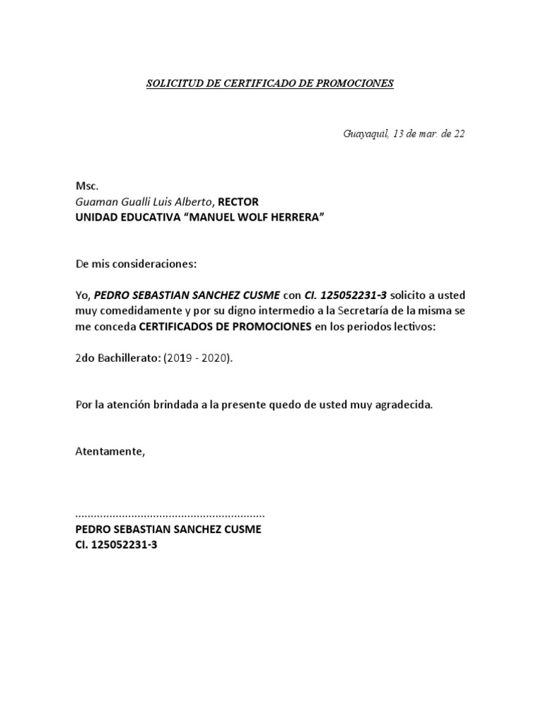 Solicitud de Certificado de Promociones | PDF
