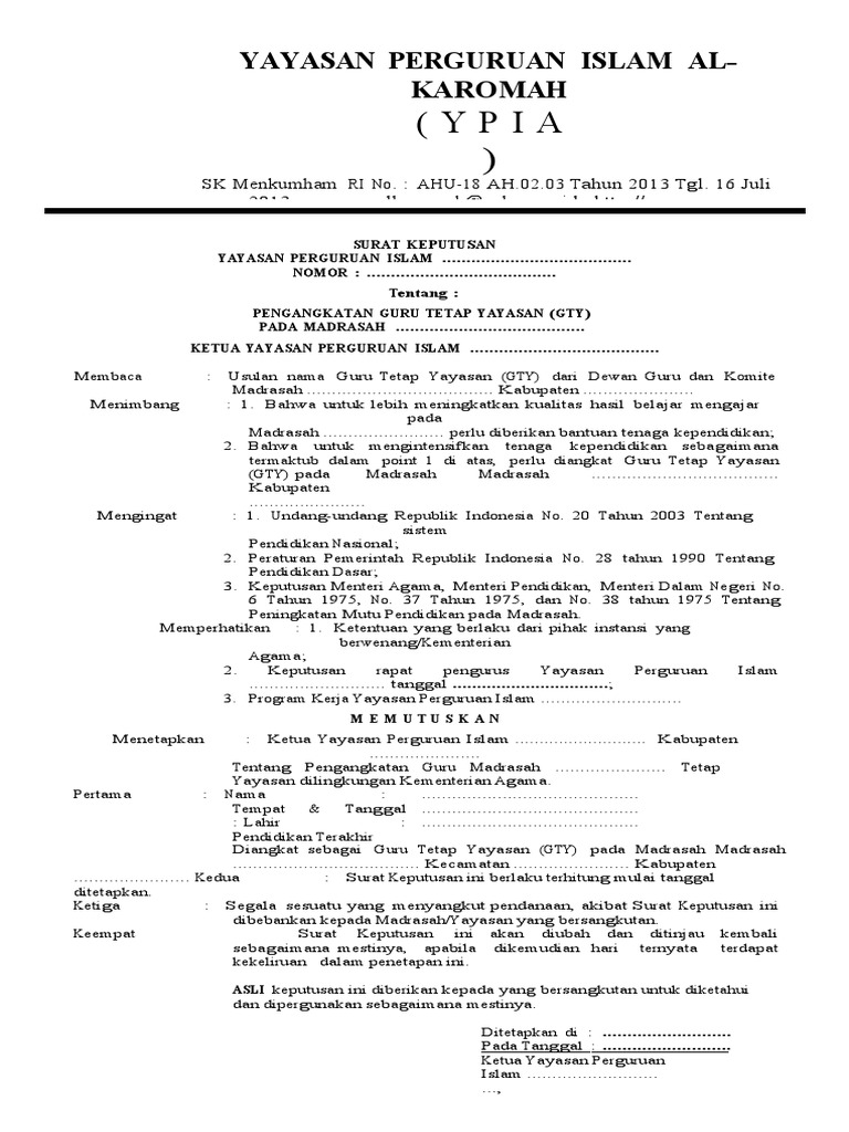 Contoh SK Guru Tetap Yayasan Madrasah Format Doc - Compress | PDF