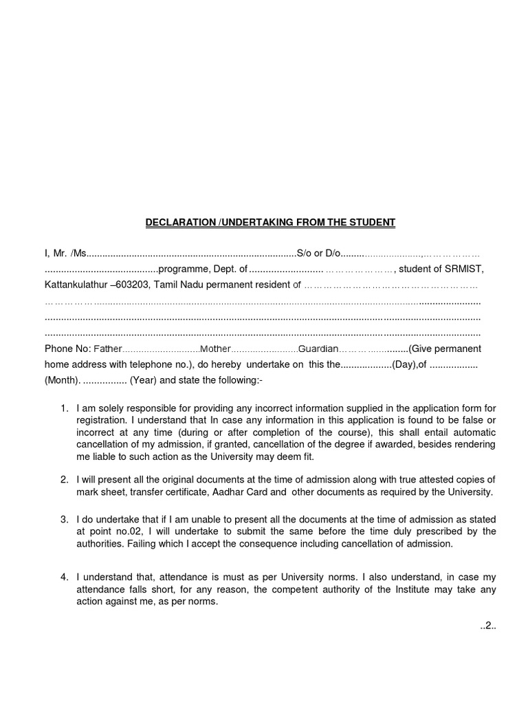 Declaration /undertaking From The Student | PDF | Government | Justice