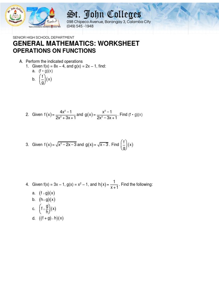 Genmath Worksheet 1 Operations Of Functions Pdf