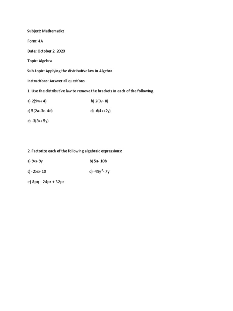 Distributive Law Worksheet | PDF