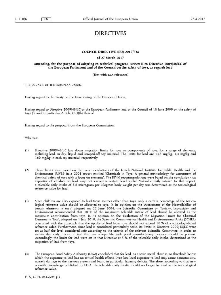 2017 - 738 - EU - Annex II To 2009 - 48 - EC (Safety of Toys) - Lead ...