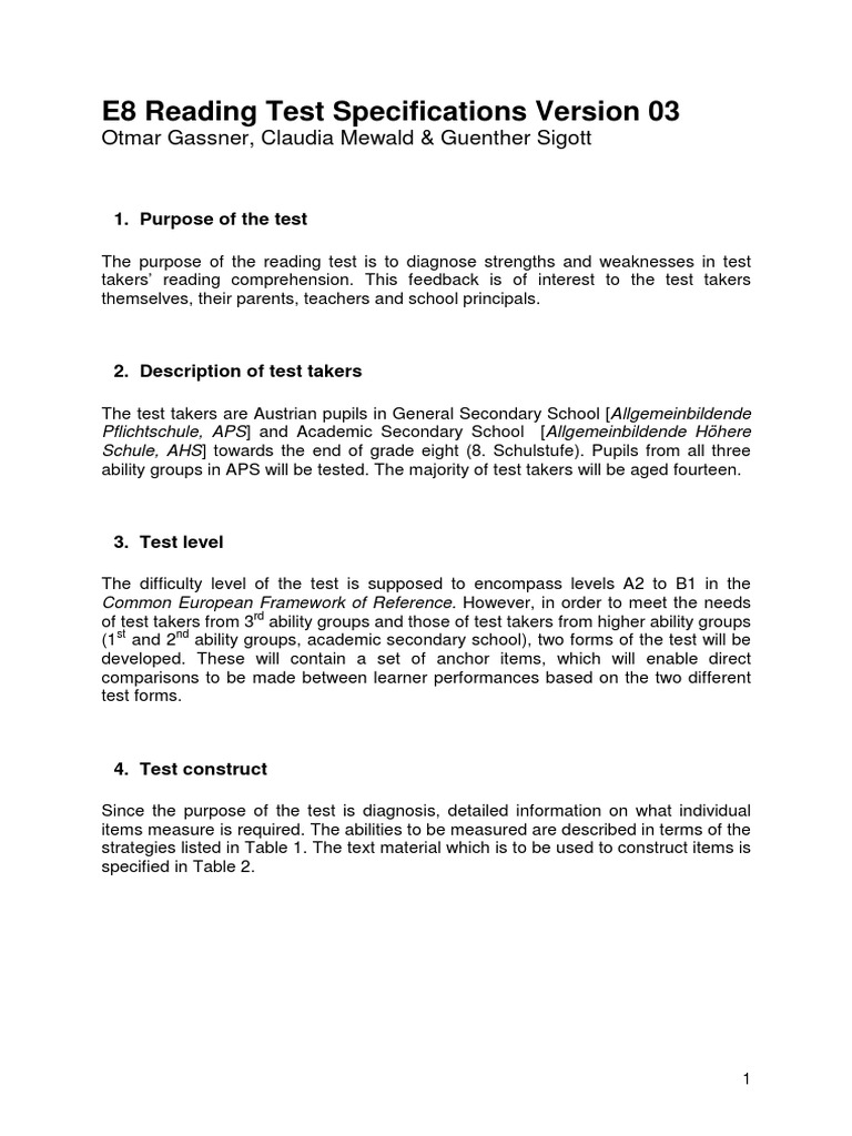 E8 Reading Test Specifications Overview | PDF | Chocolate | Test ...