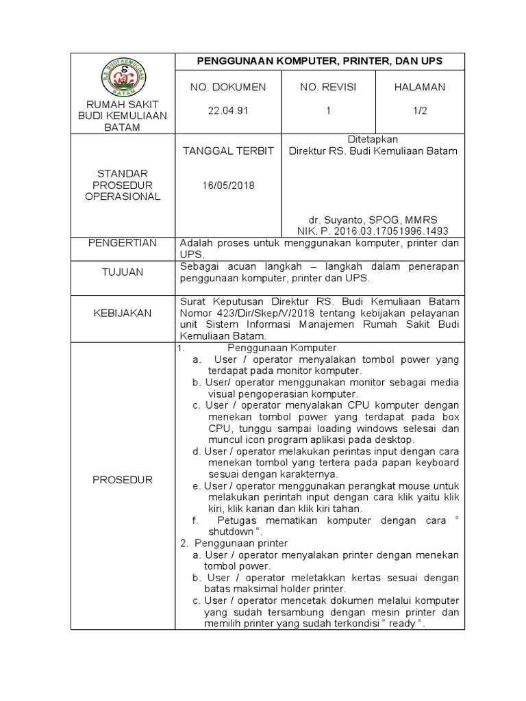 SOP Penggunaan Komputer, Printer Dan UPS | PDF