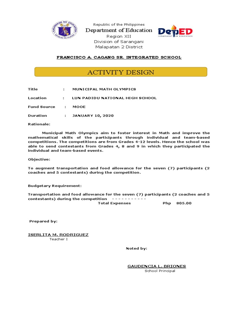 Activity Design Math Oympics | PDF