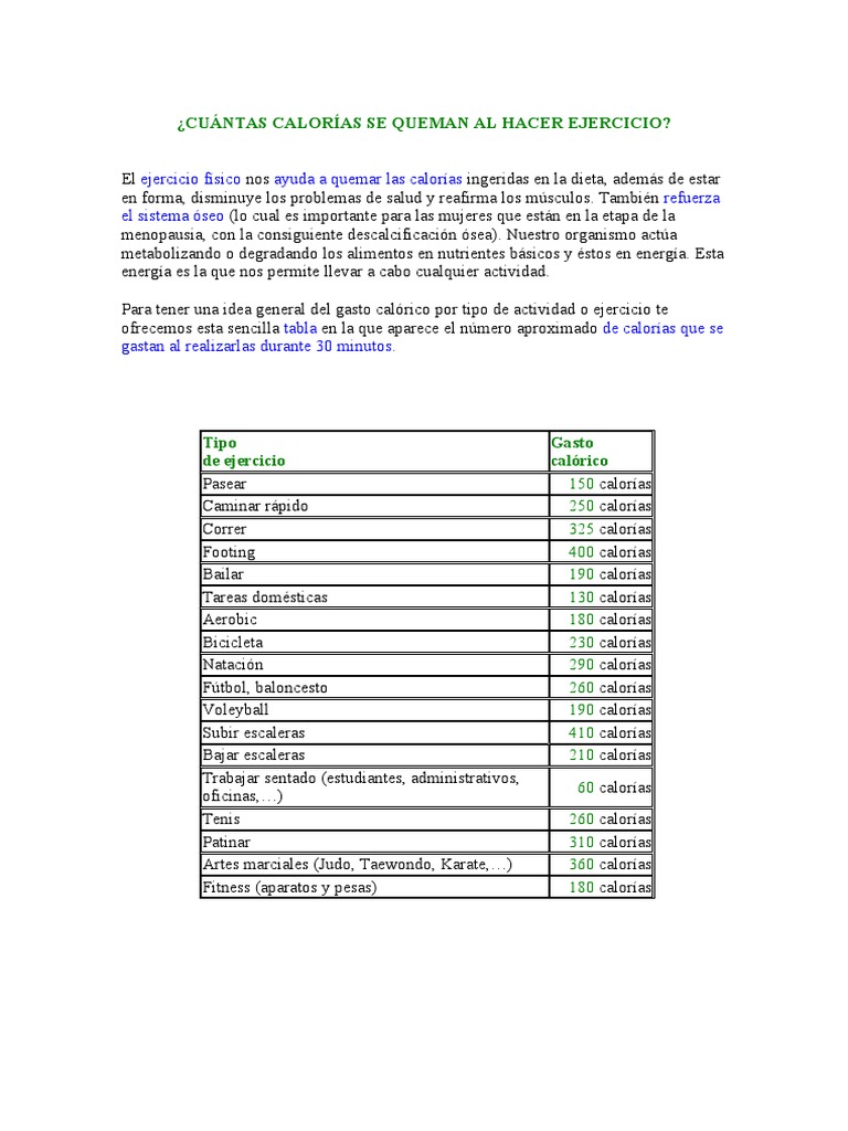 Calorías quemadas por ejercicio en 30 min | PDF