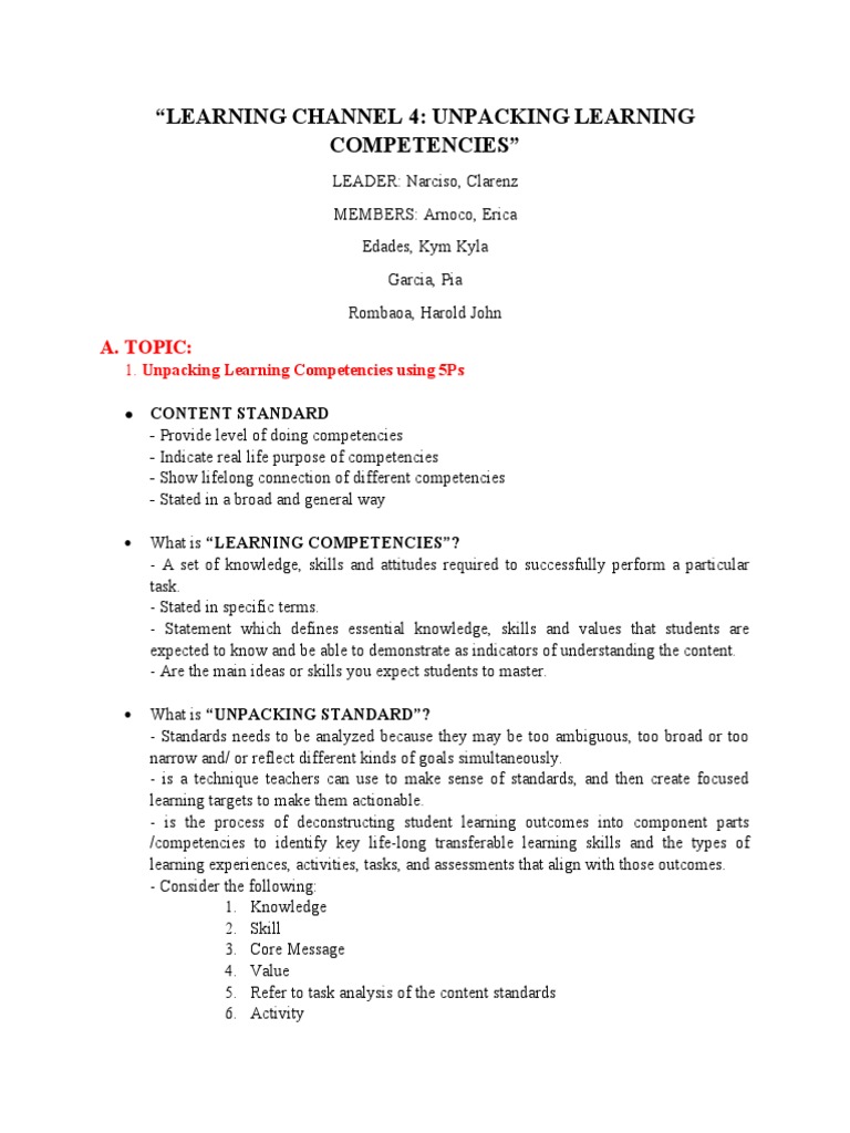 "Learning Channel 4: Unpacking Learning Competencies": A. Topic | PDF ...